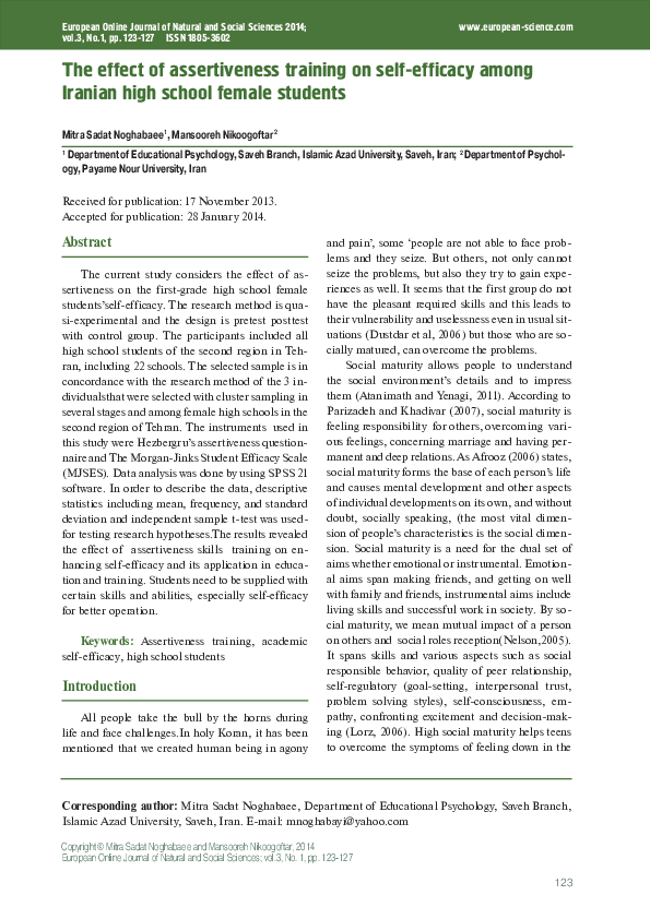 (PDF) The effect of assertiveness training on self-efficacy among Iranian high school female ...