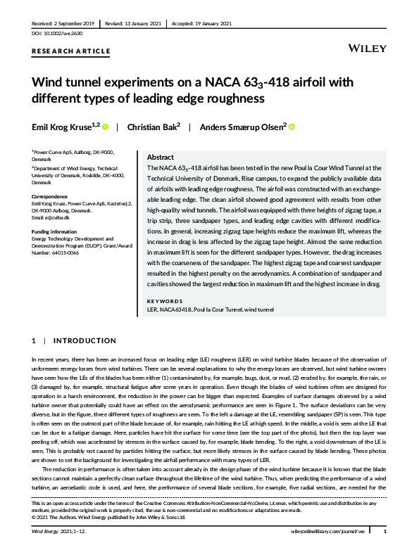 (PDF) Wind tunnel experiments on a NACA 63 3 ‐418 airfoil with different types of leading edge ...
