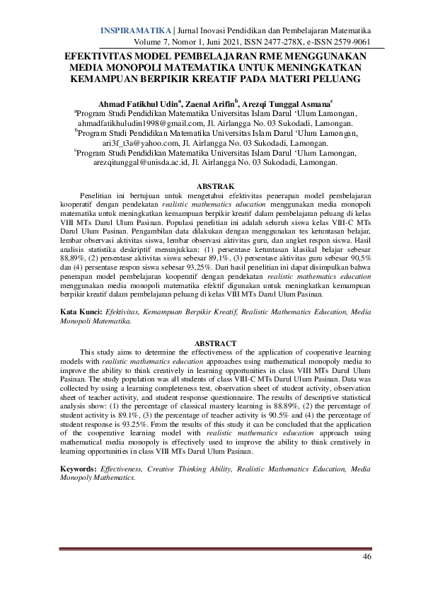 (PDF) Efektivitas Model Pembelajaran Rme Menggunakan Media Monopoli Matematika Untuk ...