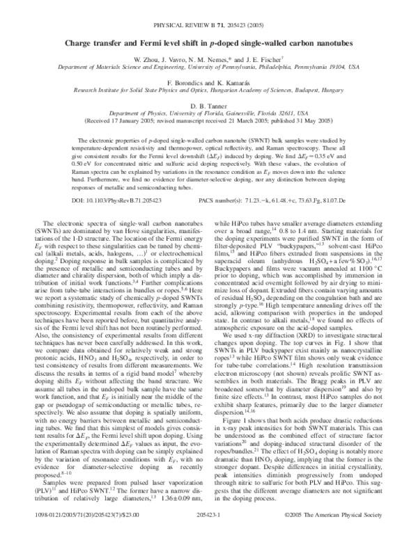 (PDF) Charge transfer and Fermi level shift inp-doped single-walled ...