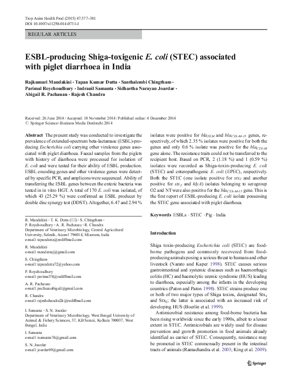 Pdf Esbl Producing Shiga Toxigenic E Coli Stec Associated With
