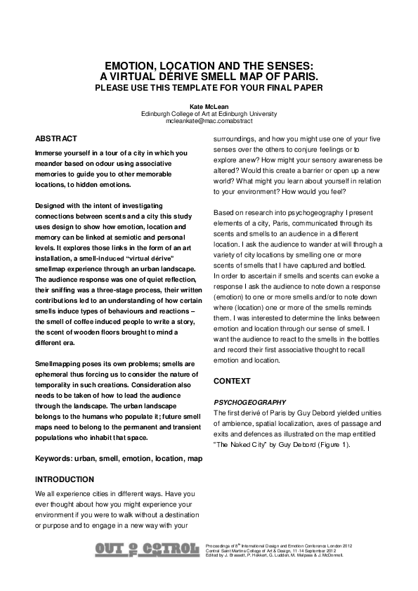 (PDF) Emotion, Location and the Senses: A Virtual Dérive Smell Map of Paris