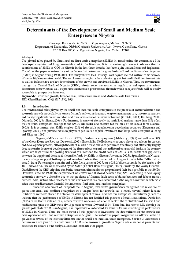 (PDF) Determinants of the Development of Small and Medium Scale Enterprises in Nigeria