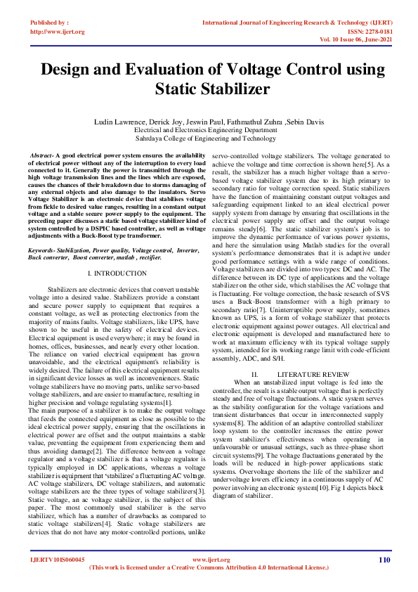 (PDF) Design and Evaluation of Voltage Control using Static Stabilizer | sebin davis - Academia.edu