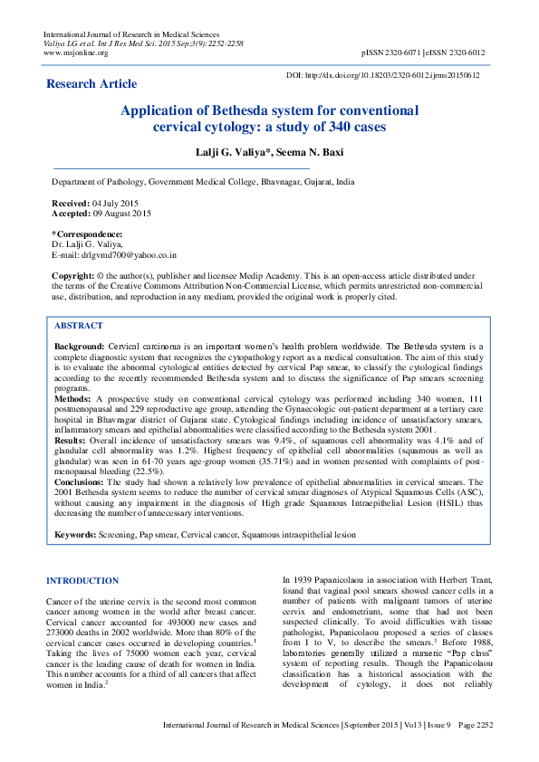 (PDF) Application of Bethesda system for conventional cervical cytology ...
