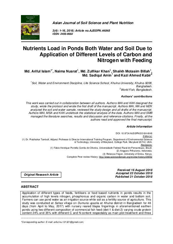 (PDF) Nutrients Load in Ponds Both Water and Soil Due to Application of ...