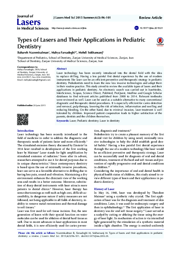 (PDF) Types of Lasers and Their Applications in Pediatric Dentistry