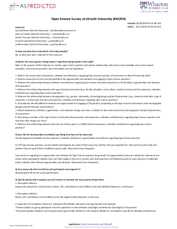 (PDF) Pre-registration UU Open Science Questionnaire