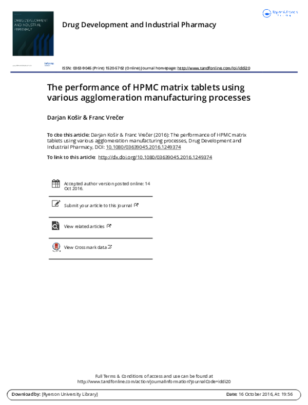 Pdf The Performance Of Hpmc Matrix Tablets Using Various