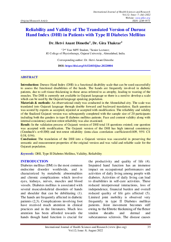 (PDF) Reliability and Validity of The Translated Version of Duruoz Hand ...