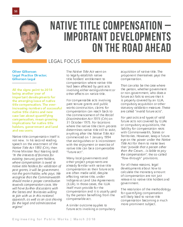 (PDF) Native Title Compensation-Important Developments on the Road Ahead
