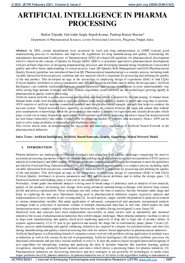 (PDF) Artificial Intelligence in Pharma Processing