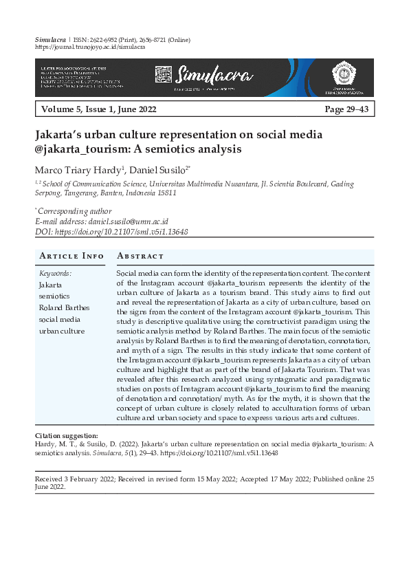 (PDF) Jakarta’s urban culture representation on social media @jakarta_tourism: A semiotics analysis