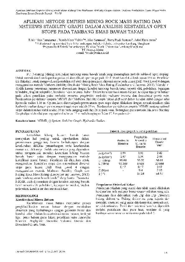 (PDF) Aplikasi Metode Empiris Mining Rock Mass Rating Dan Mathews Stability Graph Dalam Analisis ...
