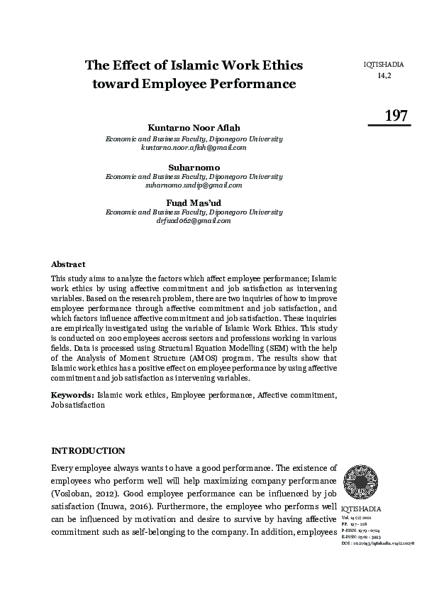 (PDF) The Effect of Islamic Work Ethics toward Employee Performance