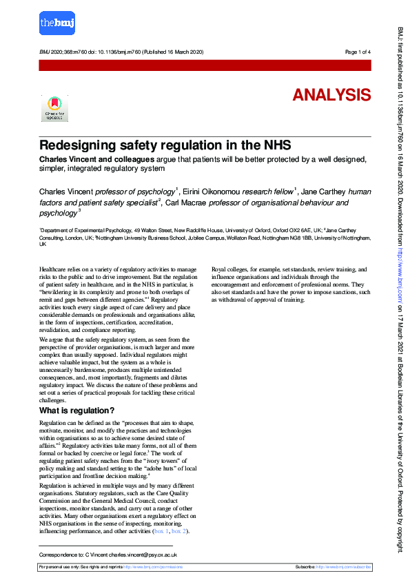 (PDF) Redesigning safety regulation in the NHS