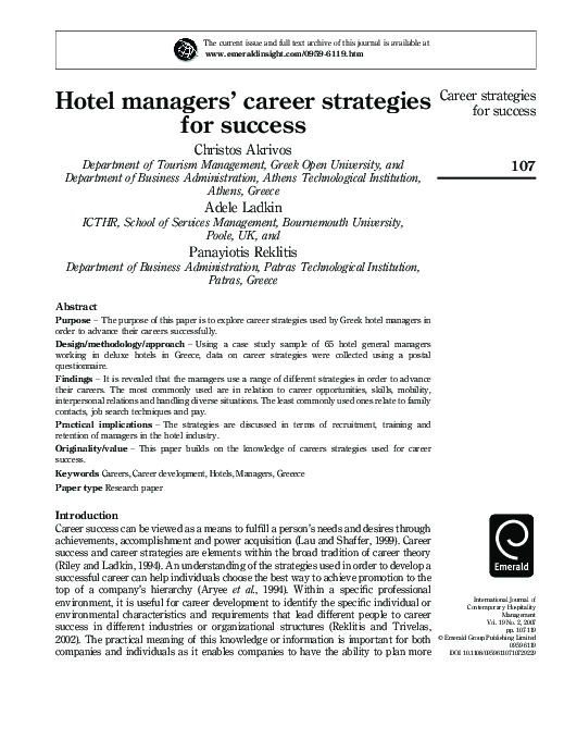 (PDF) Hotel managers' career strategies for success (PDF) Hotel managers' career strategies for success