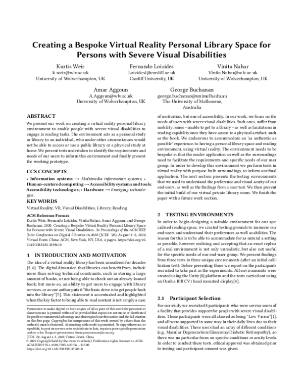 (PDF) Creating a Bespoke Virtual Reality Personal Library Space for ...