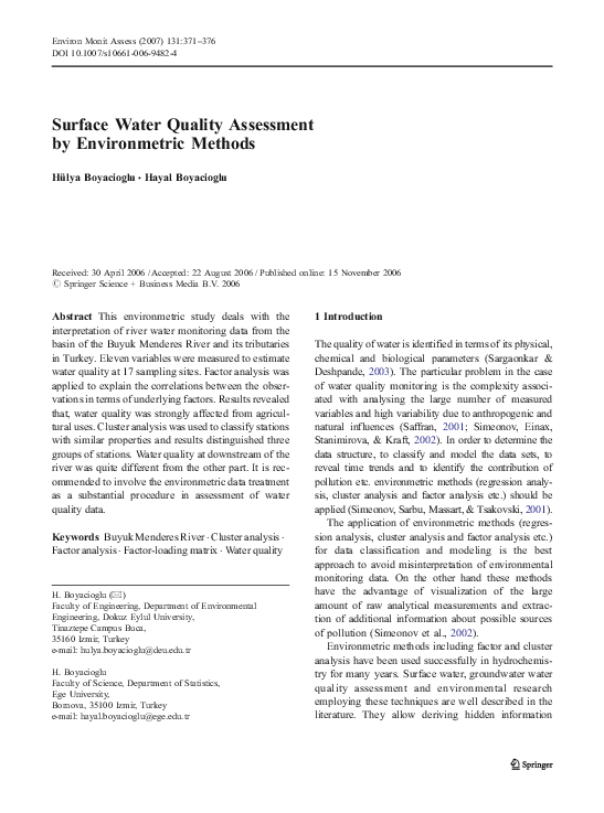(PDF) Surface Water Quality Assessment by Environmetric Methods