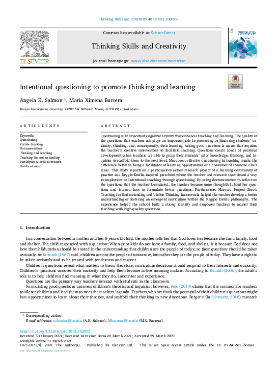 (PDF) Intentional questioning to promote thinking and learning