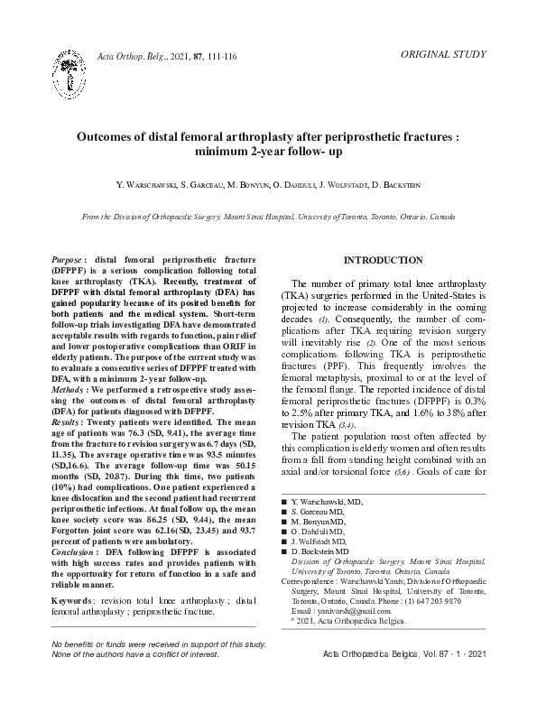 (PDF) Outcomes of distal femoral arthroplasty after periprosthetic fractures: minimum 2-year ...
