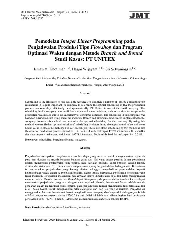 Penjadwalan Integer Linear Programming Pada Penjadwalan Produksi Tipe