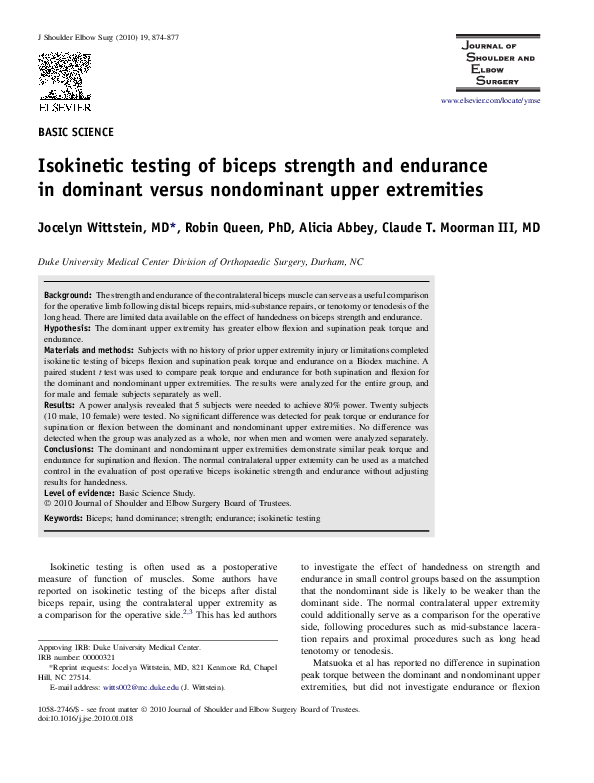 (PDF) Isokinetic testing of biceps strength and endurance in dominant ...