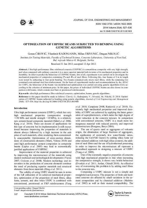 (PDF) Optimization of Uhpfrc Beams Subjected to Bending Using Genetic Algorithms