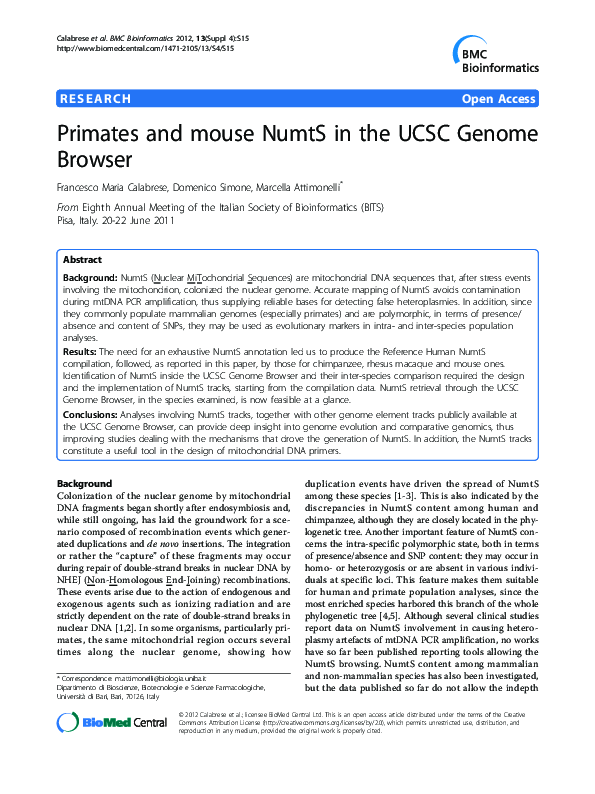 (PDF) Primates and mouse NumtS in the UCSC Genome Browser
