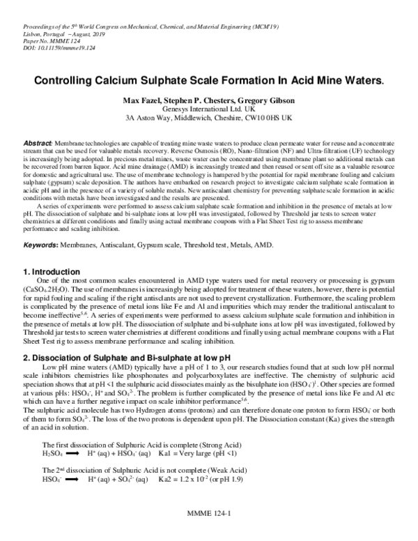 (PDF) Controlling Calcium Sulphate Scale Formation In Acid Mine Waters