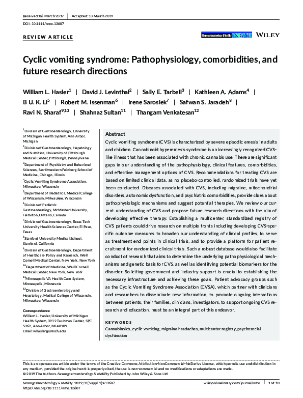 (PDF) Cyclic vomiting syndrome: Pathophysiology, comorbidities, and ...