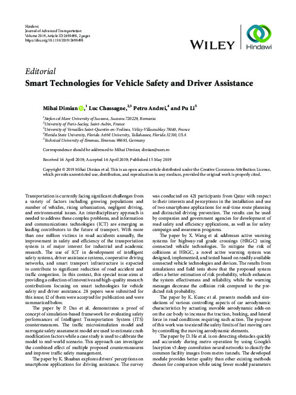 (PDF) Smart Technologies for Vehicle Safety and Driver Assistance