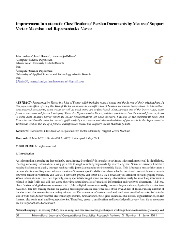 Pdf Improvement In Automatic Classification Of Persian Documents By Means Of Support Vector