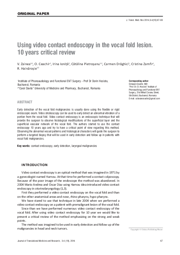 (PDF) Using video contact endoscopy in the vocal fold lesion. 10 years critical review