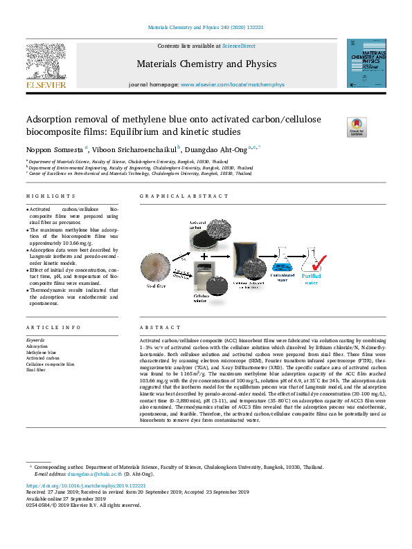 (PDF) Adsorption removal of methylene blue onto activated carbon/cellulose biocomposite films ...