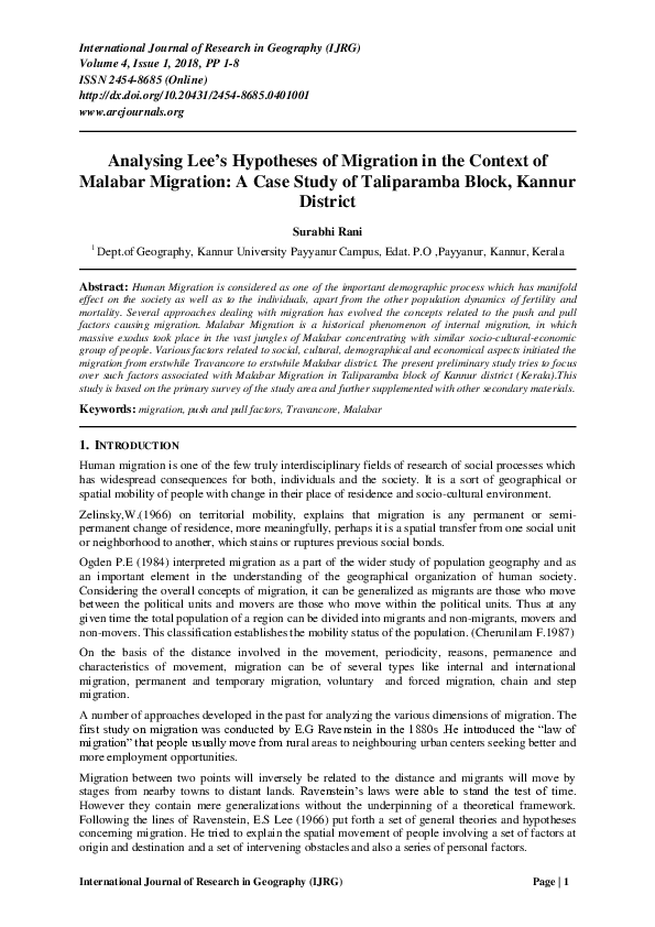 (PDF) Analysisng Lee’S Hypotheses of Migration in the Context of ...