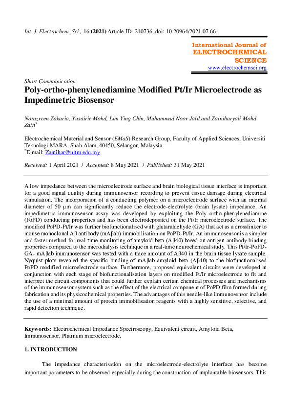 (PDF) Poly-ortho-phenylenediamine Modified Pt/Ir Microelectrode as ...