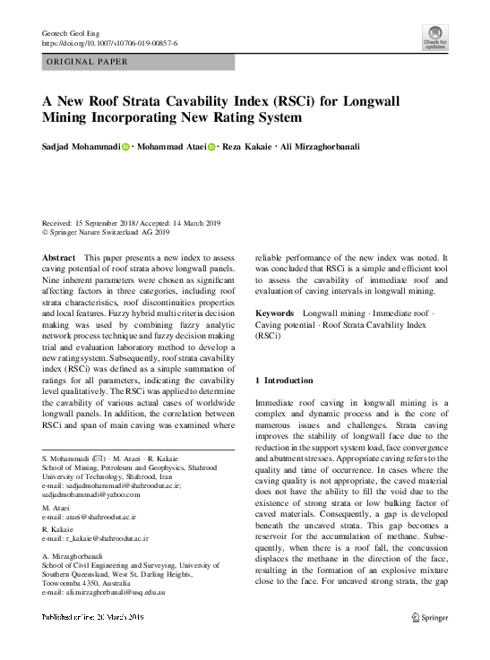 (PDF) A New Roof Strata Cavability Index (RSCi) for Longwall Mining ...