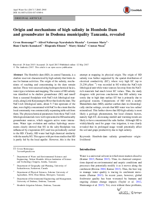 (PDF) Origin and mechanisms of high salinity in Hombolo Dam and ...