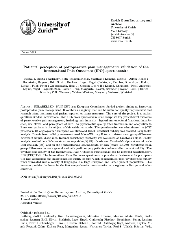 (PDF) Patients' Perception of Postoperative Pain Management: Validation ...
