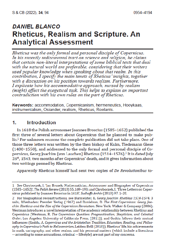 (PDF) Rheticus, Realism and Scripture. An Analytical Assesment