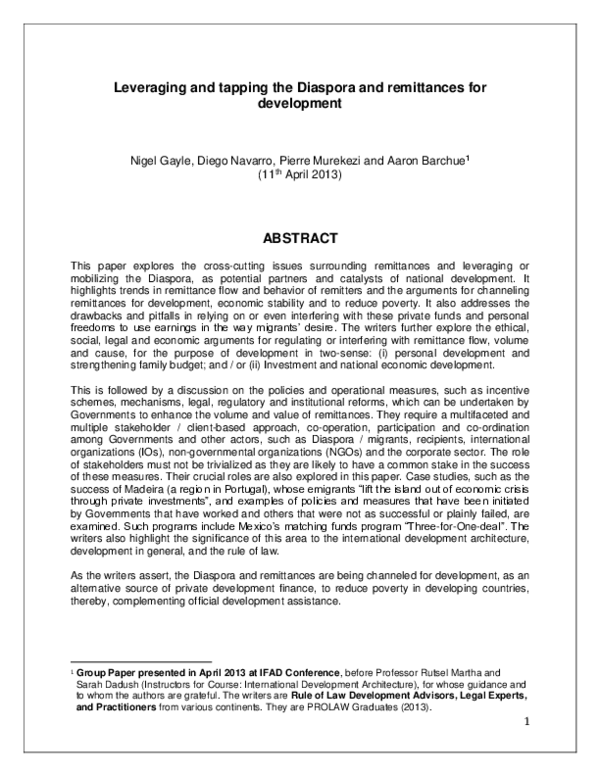 (PDF) Leveraging and tapping the Diaspora and remittances for development