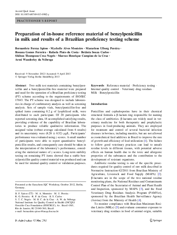 (PDF) Preparation of in-house reference material of benzylpenicillin in ...