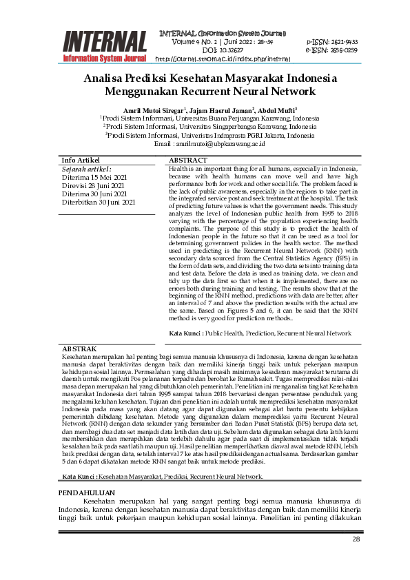 (PDF) Prediksi Kesehatan Masyarakat Indonesia Menggunakan Recurent ... (PDF) Prediksi Kesehatan Masyarakat Indonesia Menggunakan Recurent ...