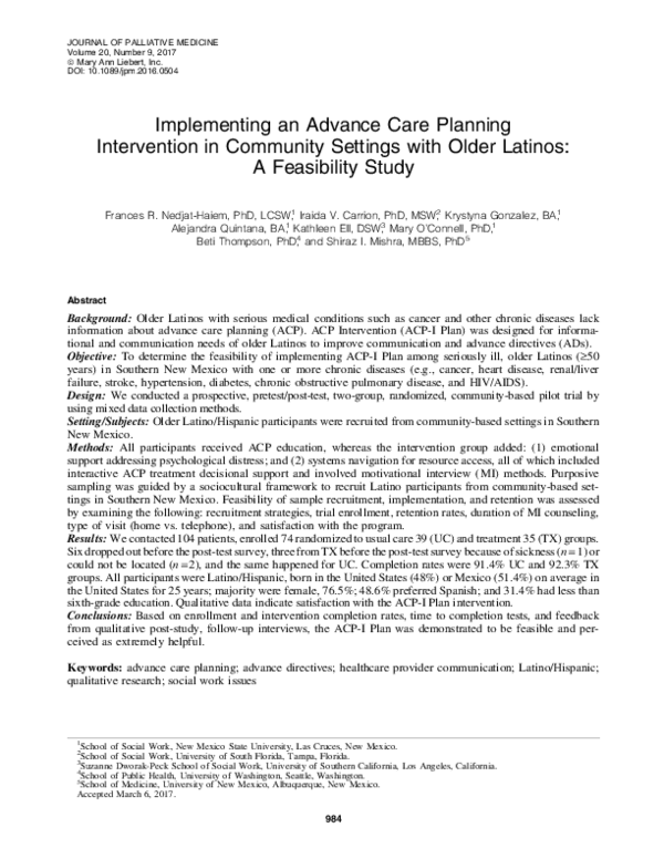 (PDF) Implementing an Advance Care Planning Intervention in Community ...