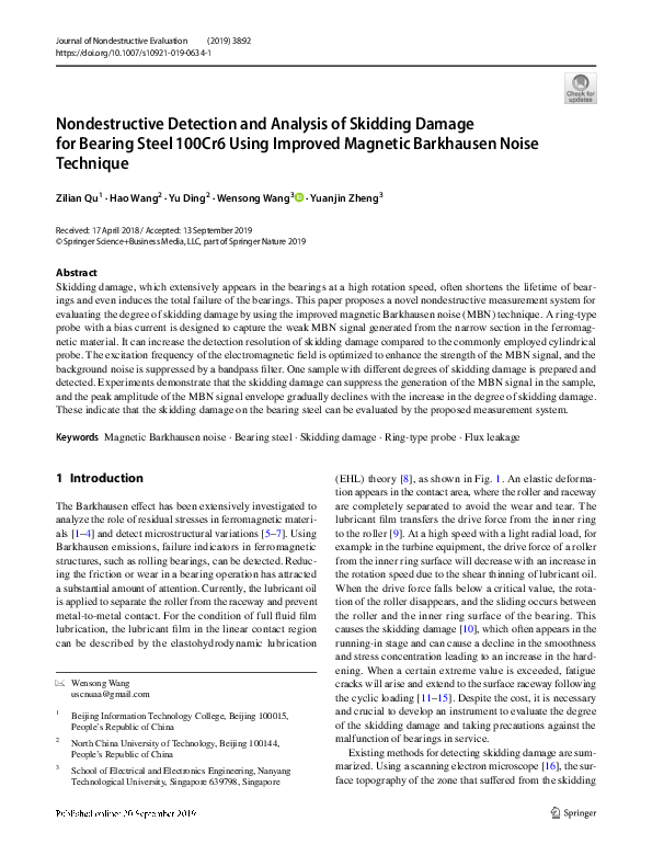 (PDF) Nondestructive Detection and Analysis of Skidding Damage for Bearing Steel 100Cr6 Using ...