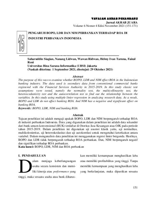 (PDF) Pengaruh Bopo, LDR Dan Nim Perbankan Terhadap Roa DI Industri Perbankan Indonesia