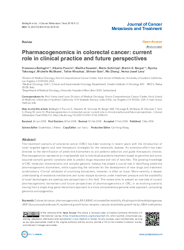 (PDF) Pharmacogenomics in colorectal cancer: current role in clinical ...