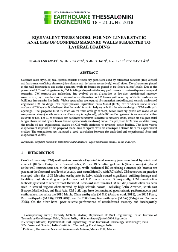 (PDF) Equivalent truss model for non-linear static analysis of confined masonry walls subjected ...