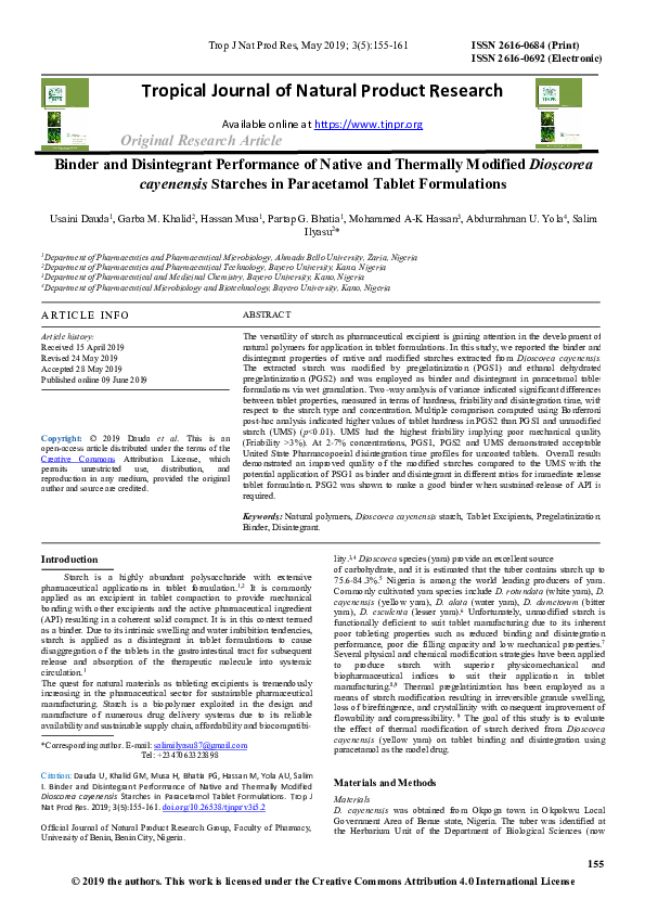 (PDF) Binder and Disintegrant Performance of Native and Thermally ...